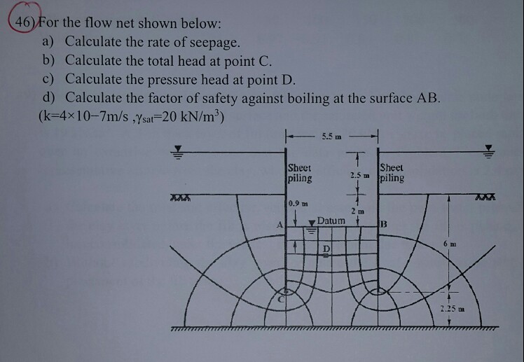 Solved 46)For the flow net shown below: a) Calculate the | Chegg.com