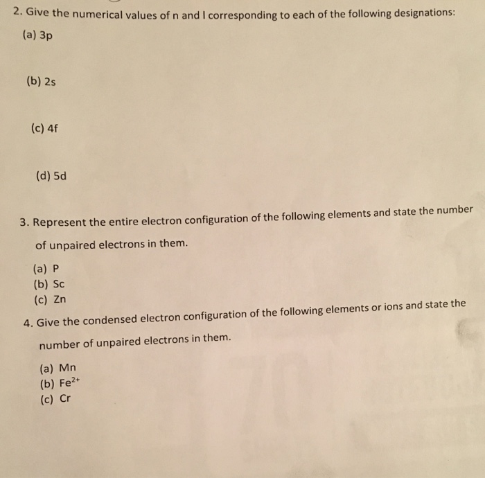 Solved Give the numerical values of n and I corresponding to | Chegg.com