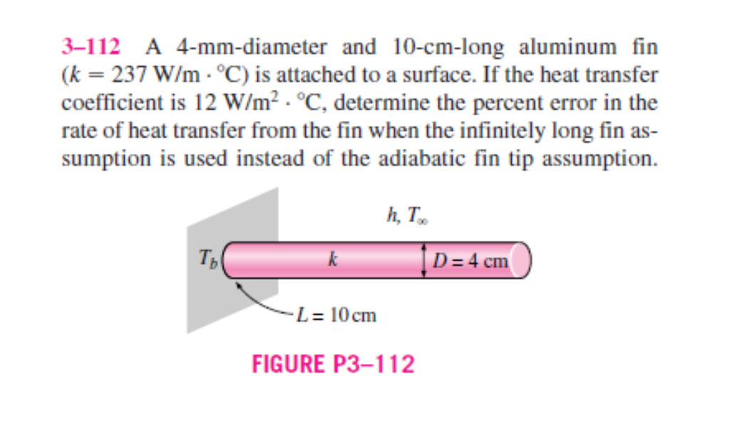 Solved 3-112 A 4-mm-diameter and 10-cm-long aluminum fin (k | Chegg.com