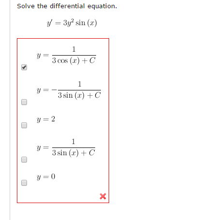 Solved Solve the differential equation. y' = 3y^2 sin(x) y | Chegg.com