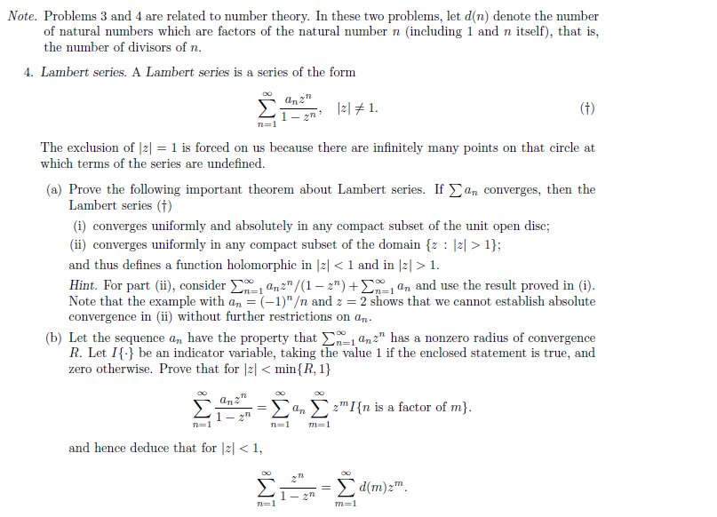 Lambert series. A Lambert series is a series of the | Chegg.com