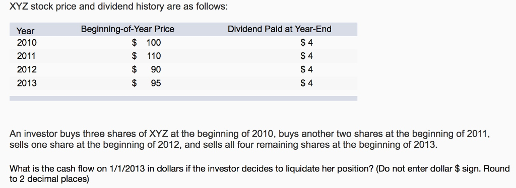 Solved XYZ stock price and dividend history are as follows: | Chegg.com