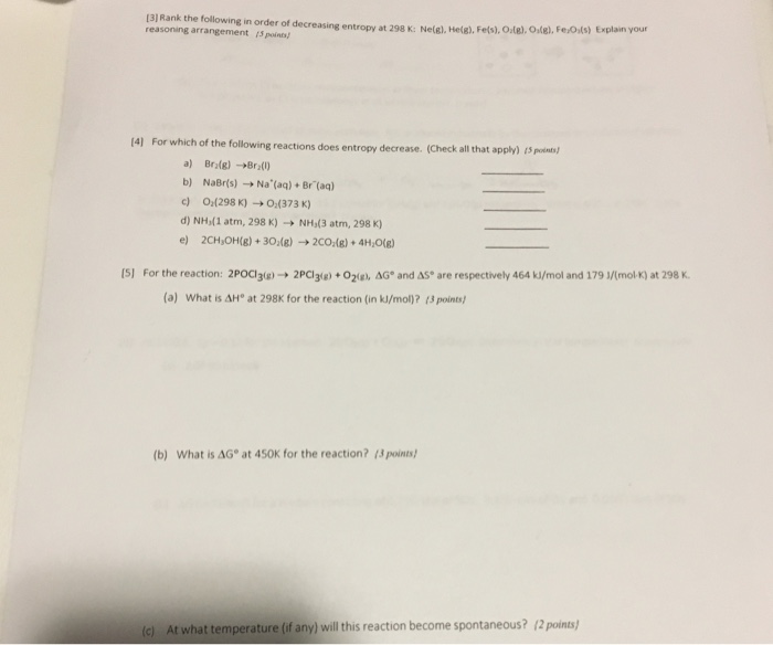 Solved Rank the following in order of decreasing entropy at | Chegg.com