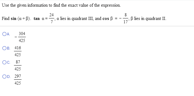 Solved Use the given information to find the exact value of | Chegg.com