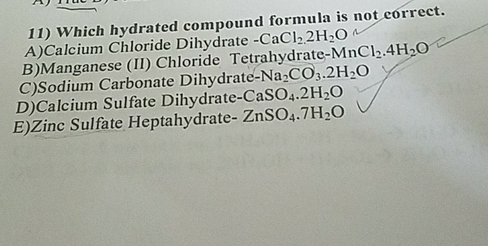 Solved 11) Which hydrated compound formula is not correct. | Chegg.com