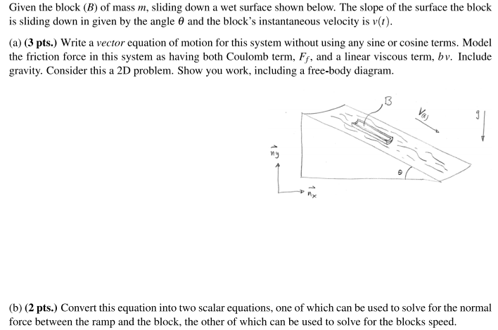 Solved Given the block (B) of mass m, sliding down a wet | Chegg.com