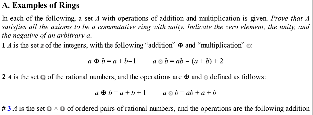 Solved A. Examples of Ring:s In each of the following, a set | Chegg.com