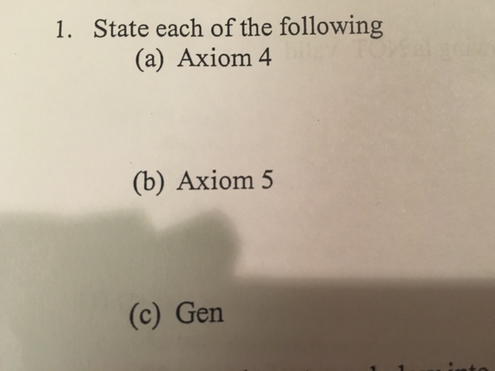Solved State each of the following Axiom 4 Axiom 5 Gen | Chegg.com