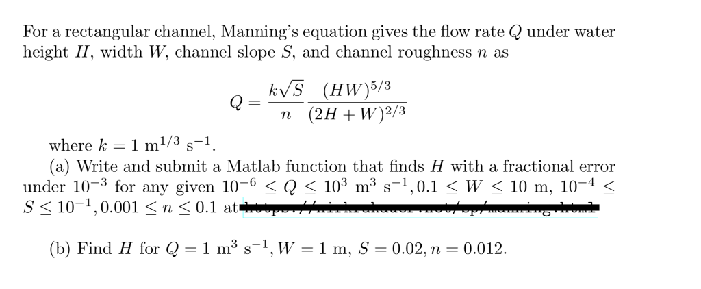 Solved For a rectangular channel, Manning's equation gives | Chegg.com