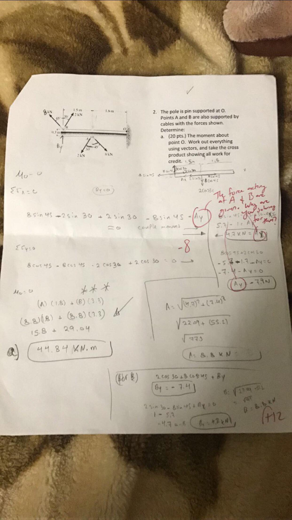 Solved The pole is pin supported at o. Points A and B are | Chegg.com