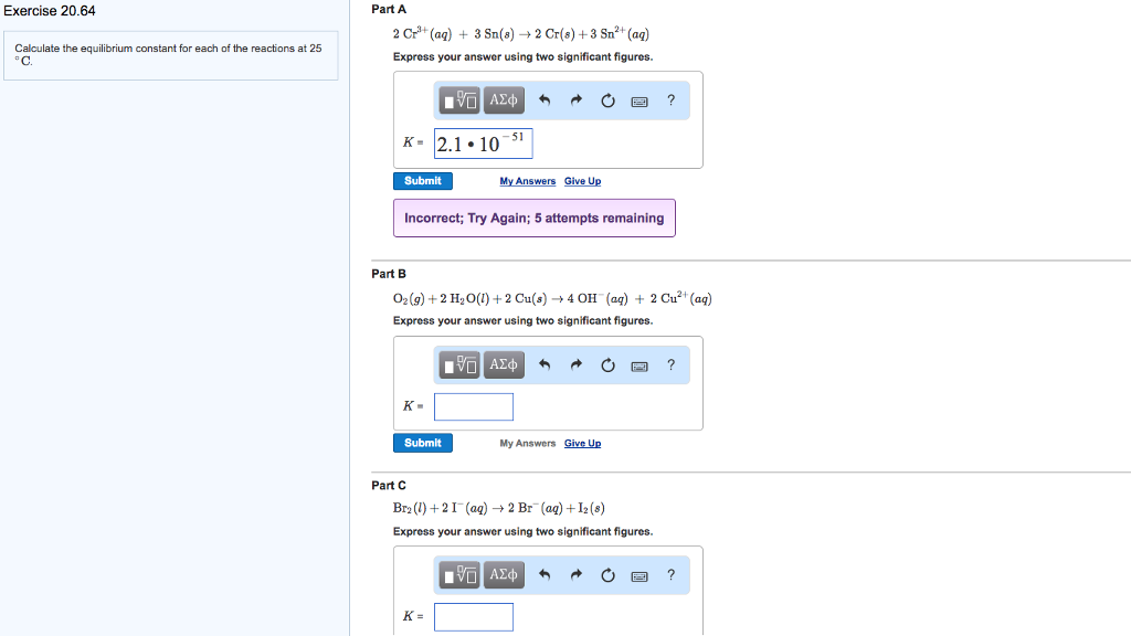 Solved Calculate The Equilibrium Constant For Each Of The