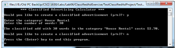 Solved Create an application in C# named TestClassifiedAd | Chegg.com