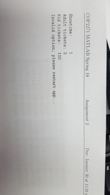 Solved ins COP2271 MATLAB Spring 18 Assignment 2 Due: | Chegg.com