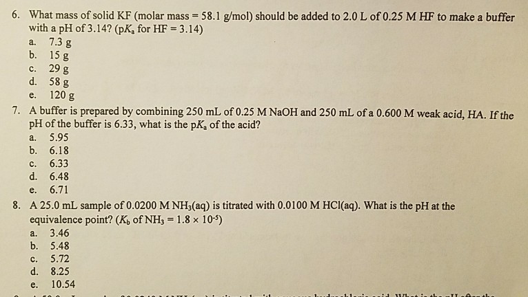 Solved 6 What Mass Of Solid Kf Molar Mass 58 1 G Mol