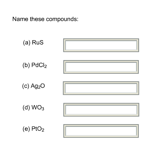 Solved these compounds: Name (a) Rus (b) PdC (c) Ag20 (d) | Chegg.com