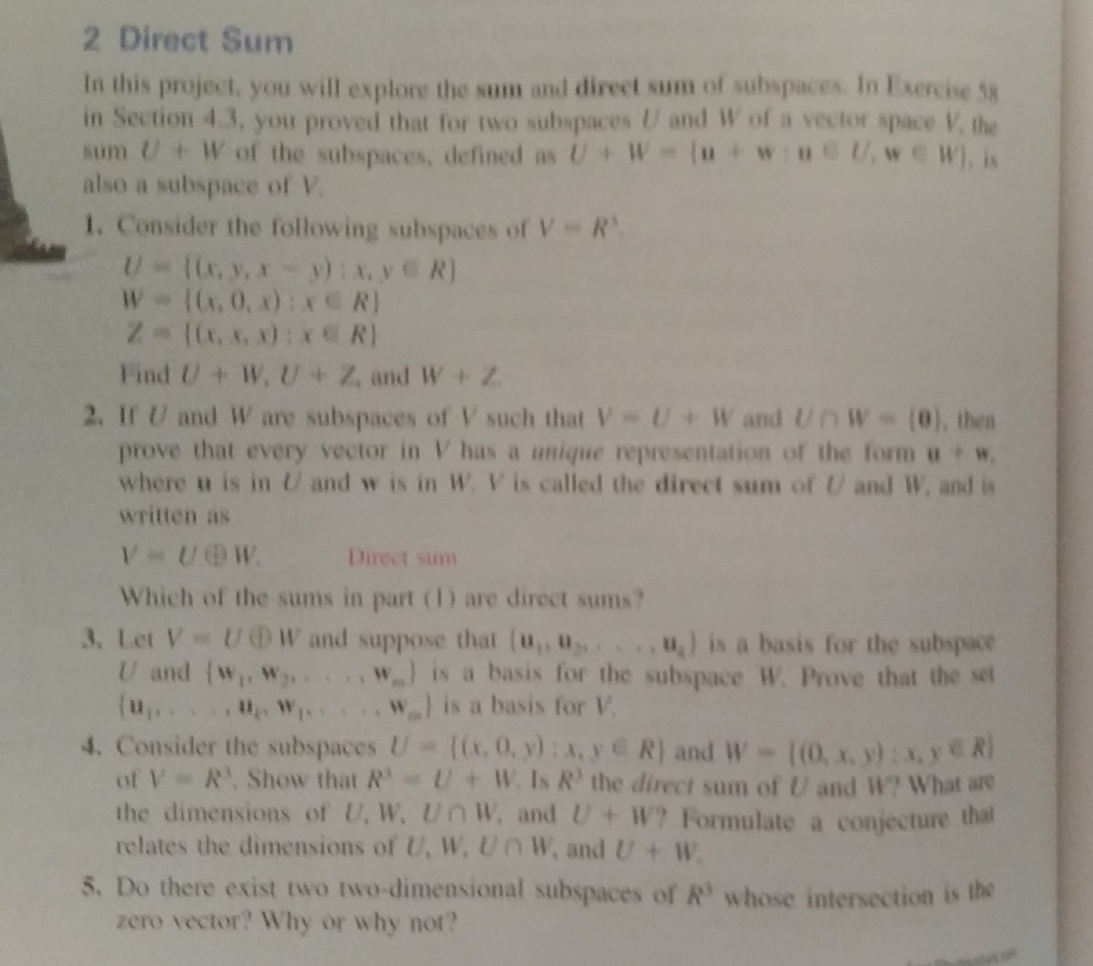 In this project, you will explore the sum and direct | Chegg.com