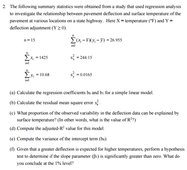 The Following Summary Statistics Were Obtained From A