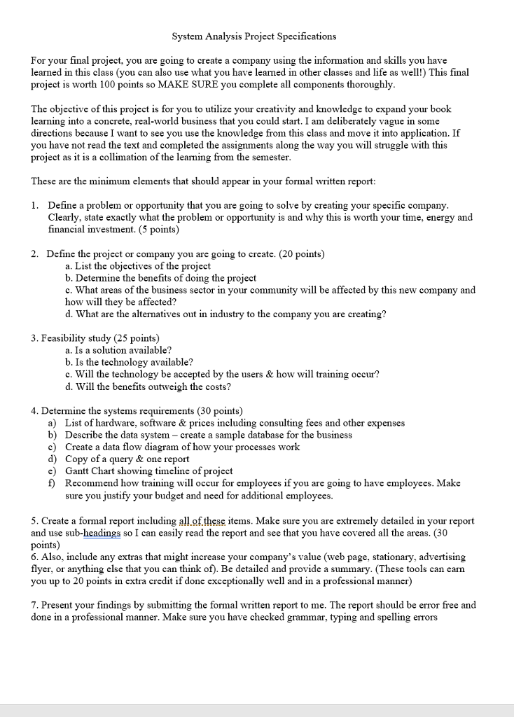 Solved System Analysis Project Specifications For your final | Chegg.com