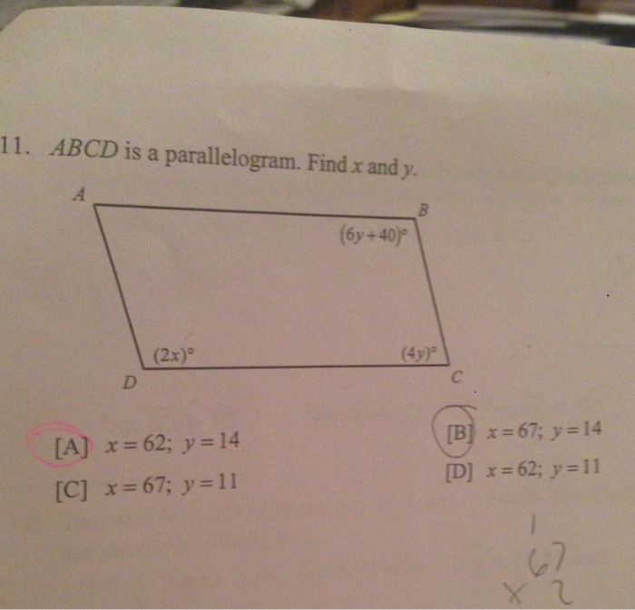 Solved ABCD is a parallelogram. Find x and y. [A] x = 62; y | Chegg.com