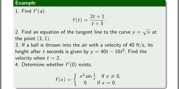 Solved Find f'(a). f(t) = 2t + 1/t + 3. Find an equation | Chegg.com