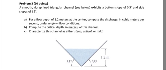 Solved A smooth, riprap lined triangular channel exhibits a | Chegg.com