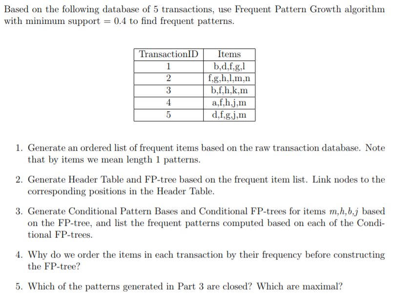 Based On The Following Database Of 5 Transactions