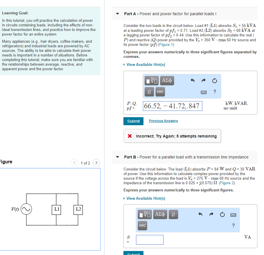 Solved Learning Goal Part A Power and power factor for | Chegg.com