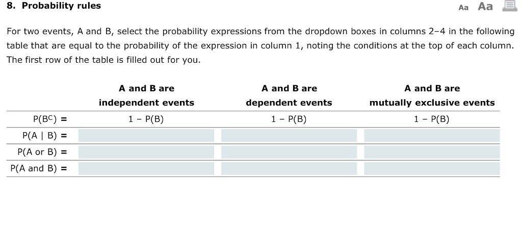 Solved 8. Probability rules For two events, A and B, select | Chegg.com