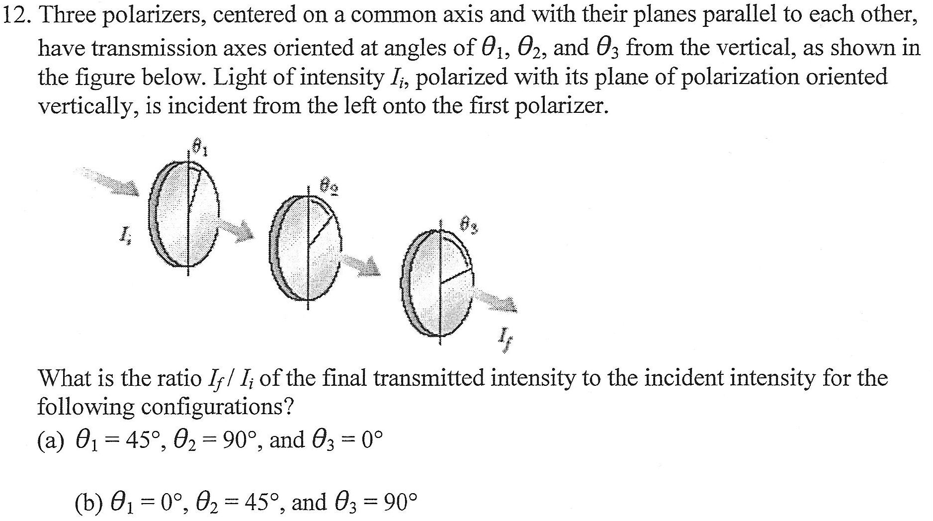 Solved Three polarizers, centered on a common axis and with | Chegg.com