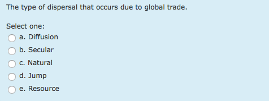 Solved The type of dispersal that occurs due to global | Chegg.com