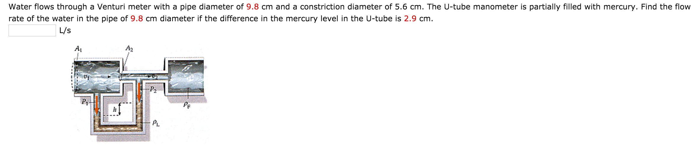 Solved Water flows through a Venturi meter with a pipe | Chegg.com