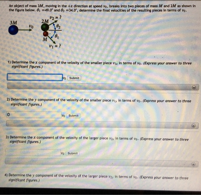 Solved An object of mass 3M, moving in the +x direction at | Chegg.com
