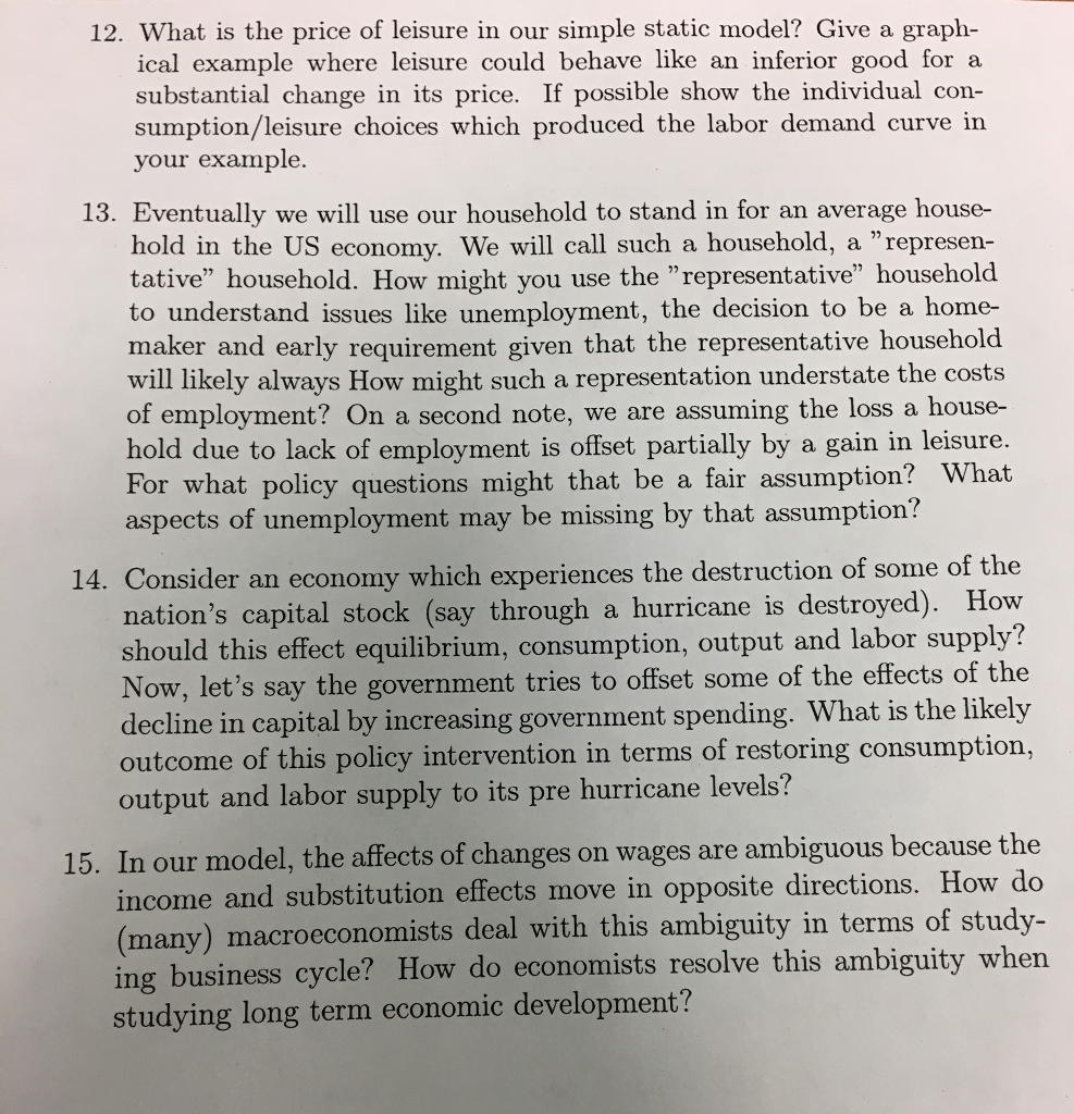 Solved 12. What is the price of leisure in our simple static | Chegg.com