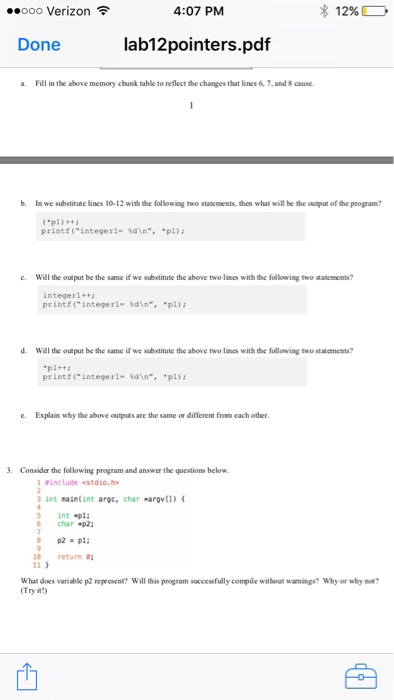 Solved 0000 Verizon令 4:06 PM Done lab12pointers.pdf d all. | Chegg.com