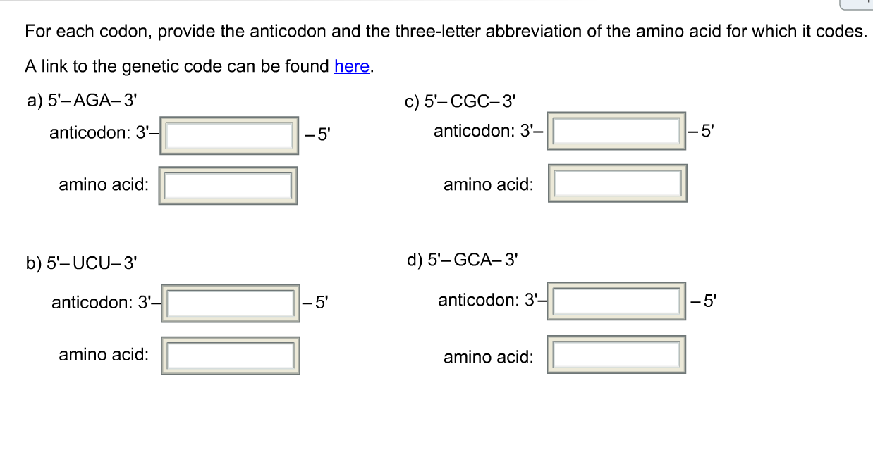 Solved For each codon, provide the anticodon and the | Chegg.com