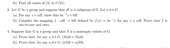 (b) Find all cosets of 〈4) in U(21). 3. Let G be a | Chegg.com
