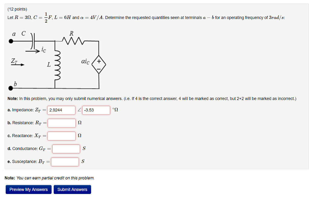 Solved Let R=3Ω, C=12F, L=6Hand α=4V/A. Determine the | Chegg.com