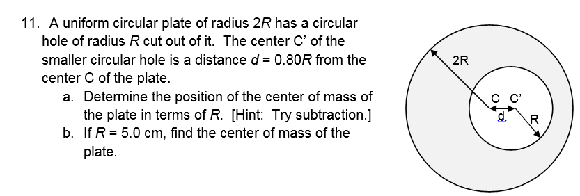 Solved A uniform circular plate of radius 2R has a circular | Chegg.com