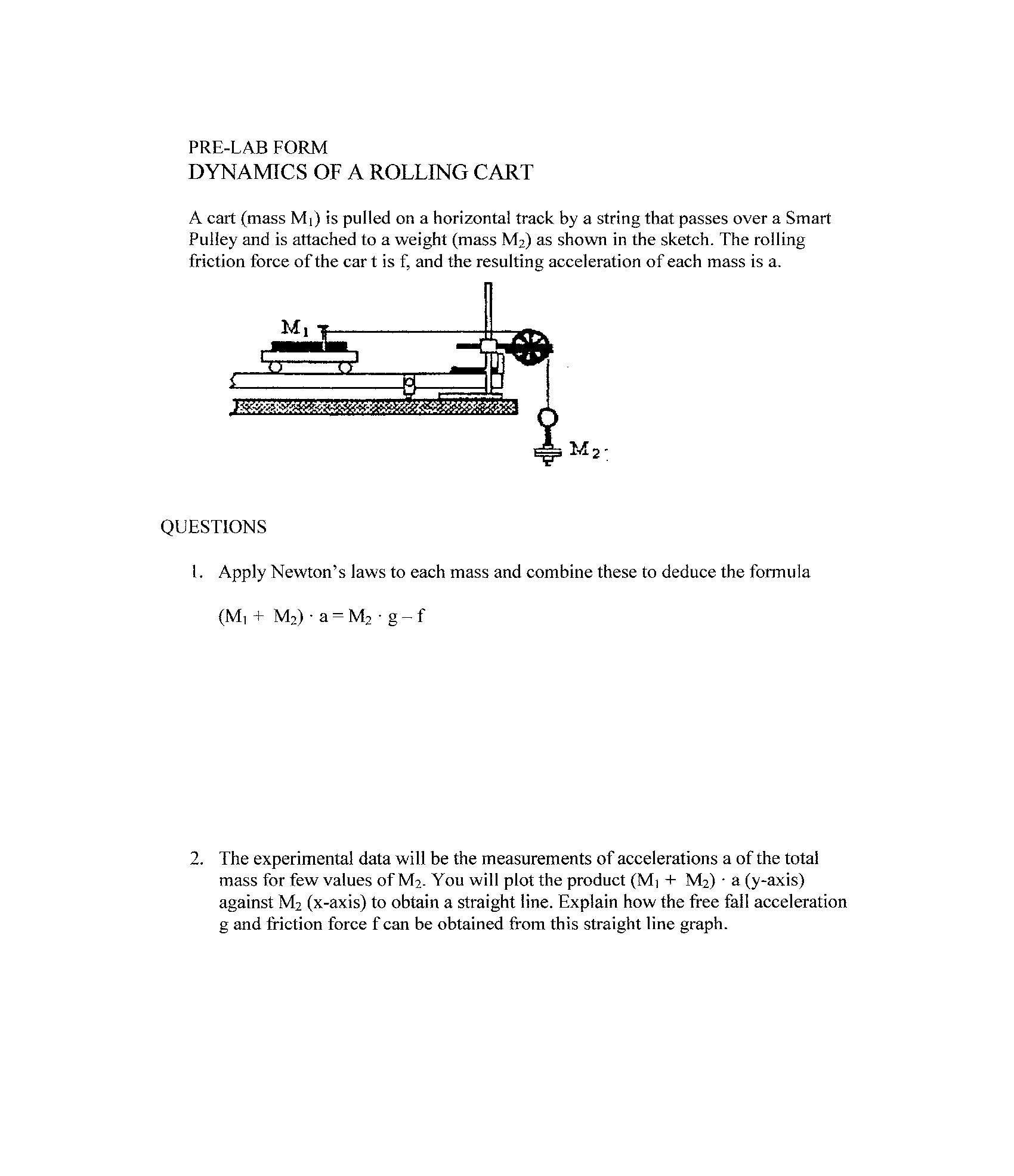 Solved PRE-LAB FORM DYNAMICS OF A ROLLING CART A cart (mass | Chegg.com