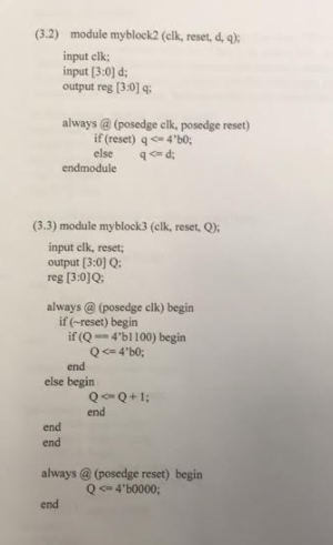 Solved (3.2) module myblock2 (clk, reset, d, q); input clk: | Chegg.com