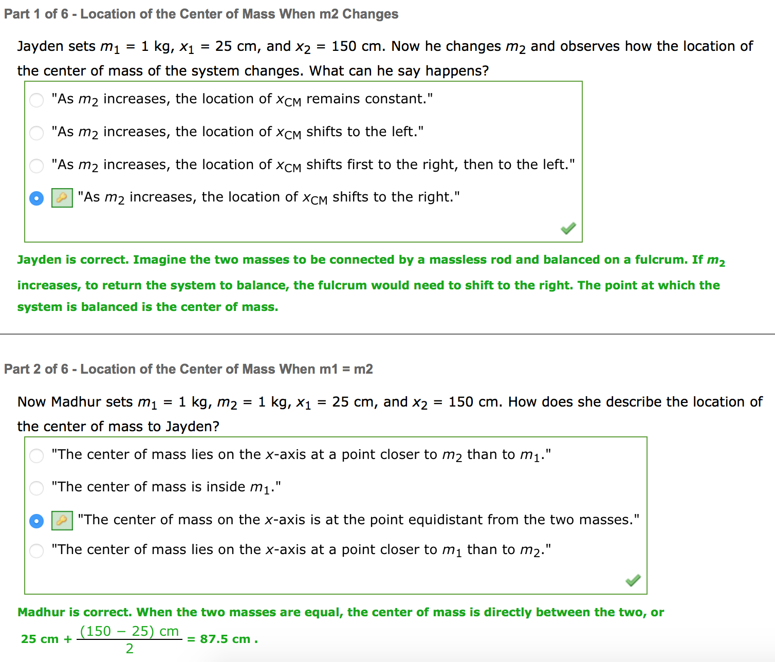 Solved Part 1 of 6-Location of the Center of Mass When m2 | Chegg.com
