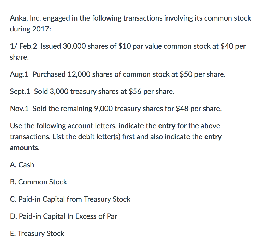 Solved Anka, Inc. engaged in the following transactions | Chegg.com