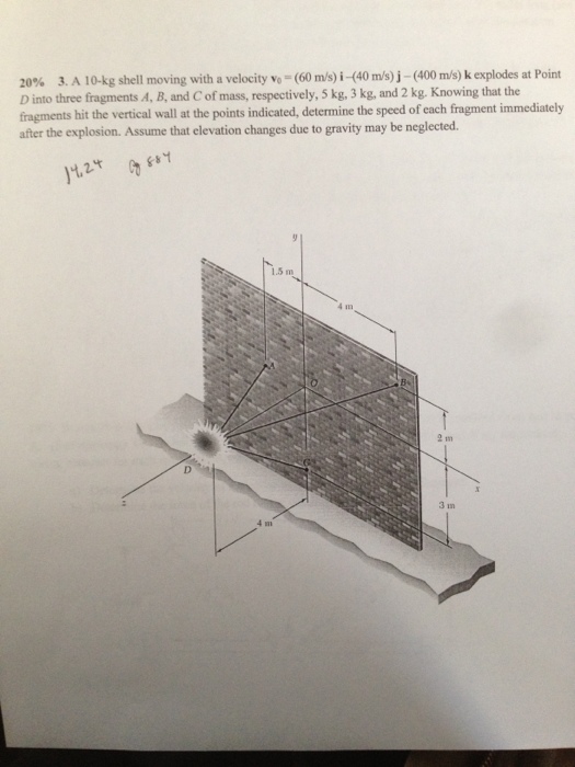 Solved A 10-kg shell moving with a velocity explodes at | Chegg.com