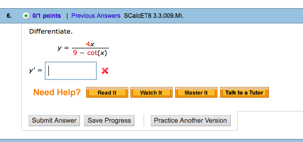 Solved 6. 0/1 points | Previous Answers SCalcET8 3.3.009.MI | Chegg.com