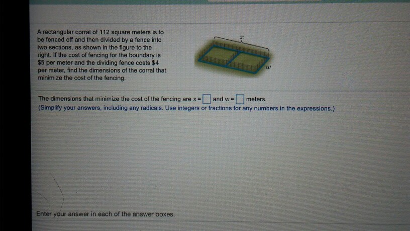 Solved A rectangular corral of 112 square meters is to be | Chegg.com