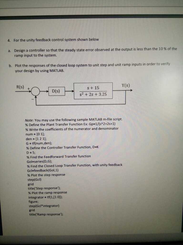Solved For the unity feedback control system shown below | Chegg.com