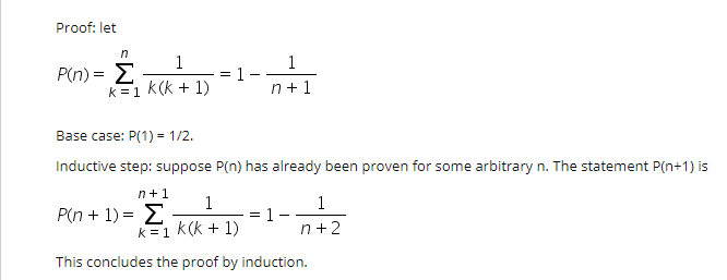 Solved Proof: let 1 k(k 1) Base case: P(1) = 1 /2. Inductive | Chegg.com