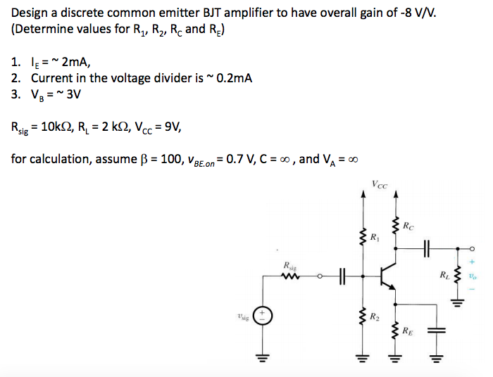 Solved Design a discrete common emitter BJT amplifier to | Chegg.com
