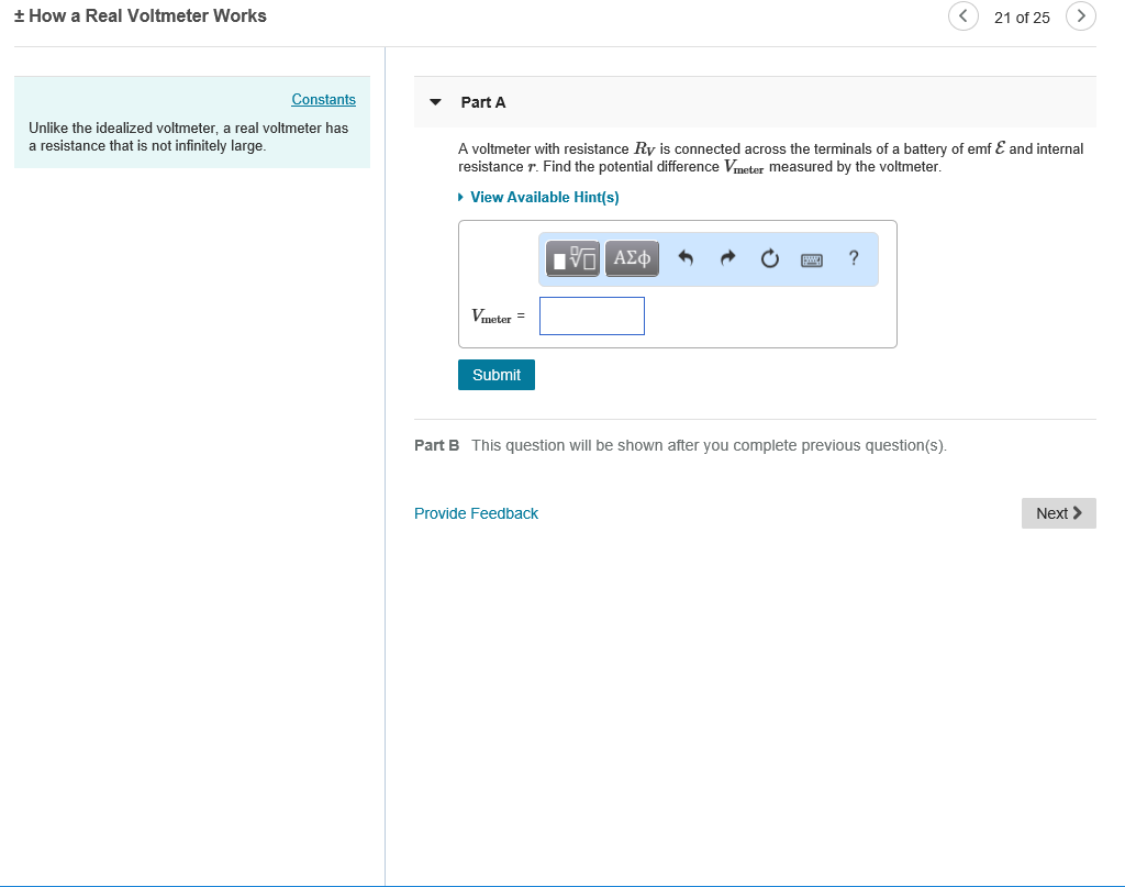 Solved ± How a Real Voltmeter Works 21 of 25> Constants | Chegg.com