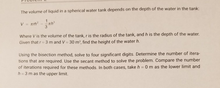 Solved The volume of liquid in a spherical water tank | Chegg.com